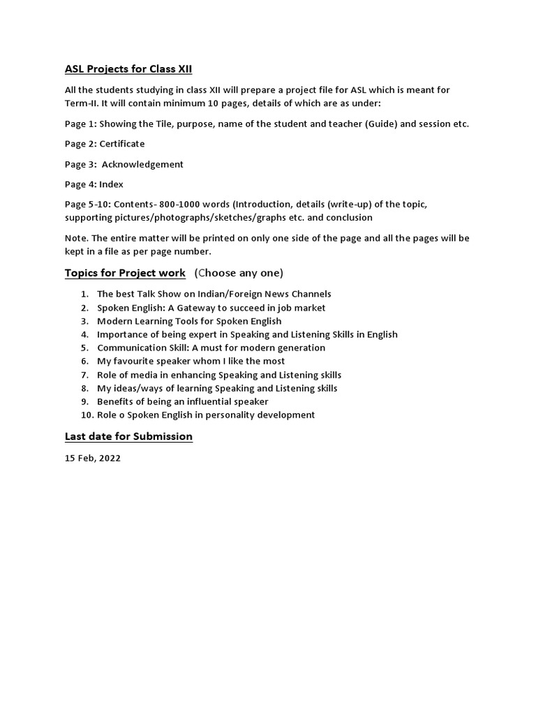 ASL Project Guidelines for Class XII | PDF