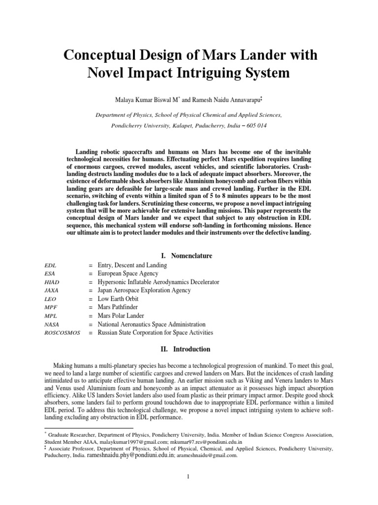Conceptual Design of Mars Lander With Novel Impact Intriguing System ...