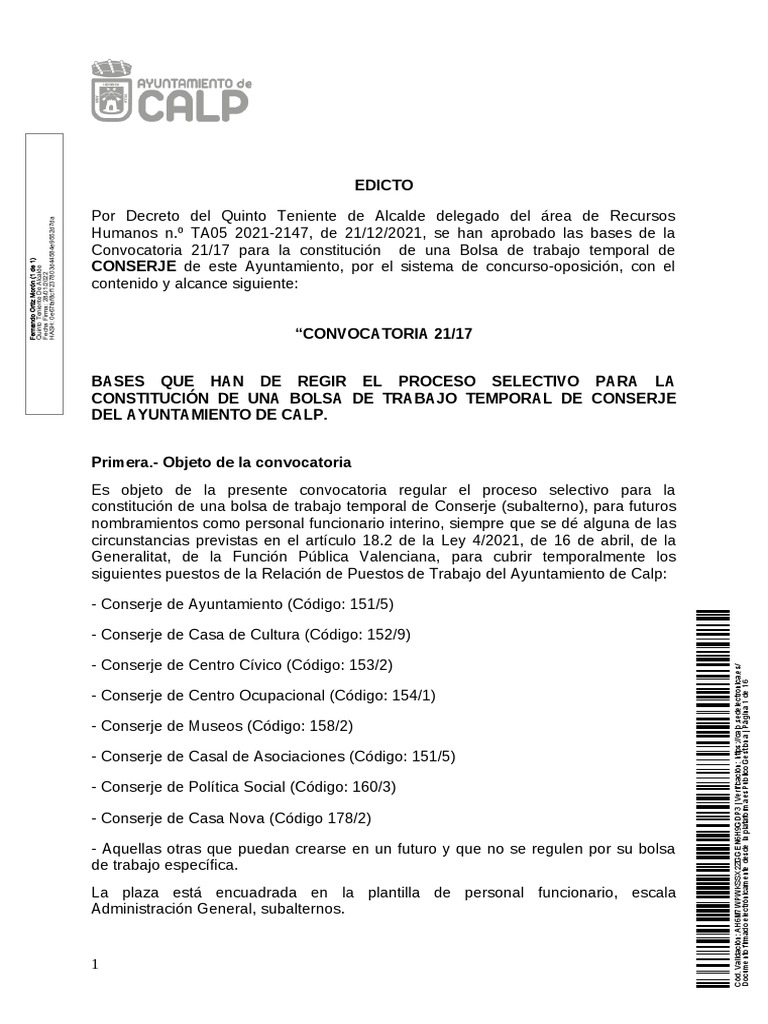 Publicación - Edicto - Edicto Bases Conv. 21 - 17, Bolsa de Trabajo Temporal CONSERJE | PDF ...