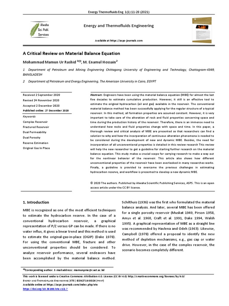 A Critical Review On Material Balance Equation: Energy and Thermofluids ...