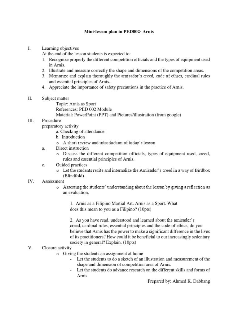 Mini-Lesson Plan in Arnis Module 2 | PDF | Applied Psychology | Cognition