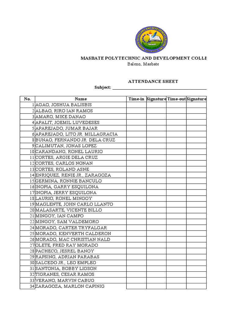 Attendance Sheet - College Department | PDF