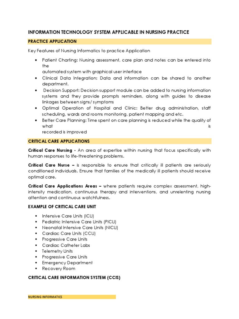 Information Technology System Applicable In Nursing Practice Notes 1