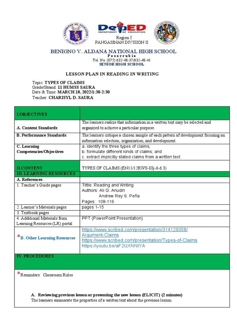 Benigno V. Aldana National High School: Lesson Plan in Reading in ...