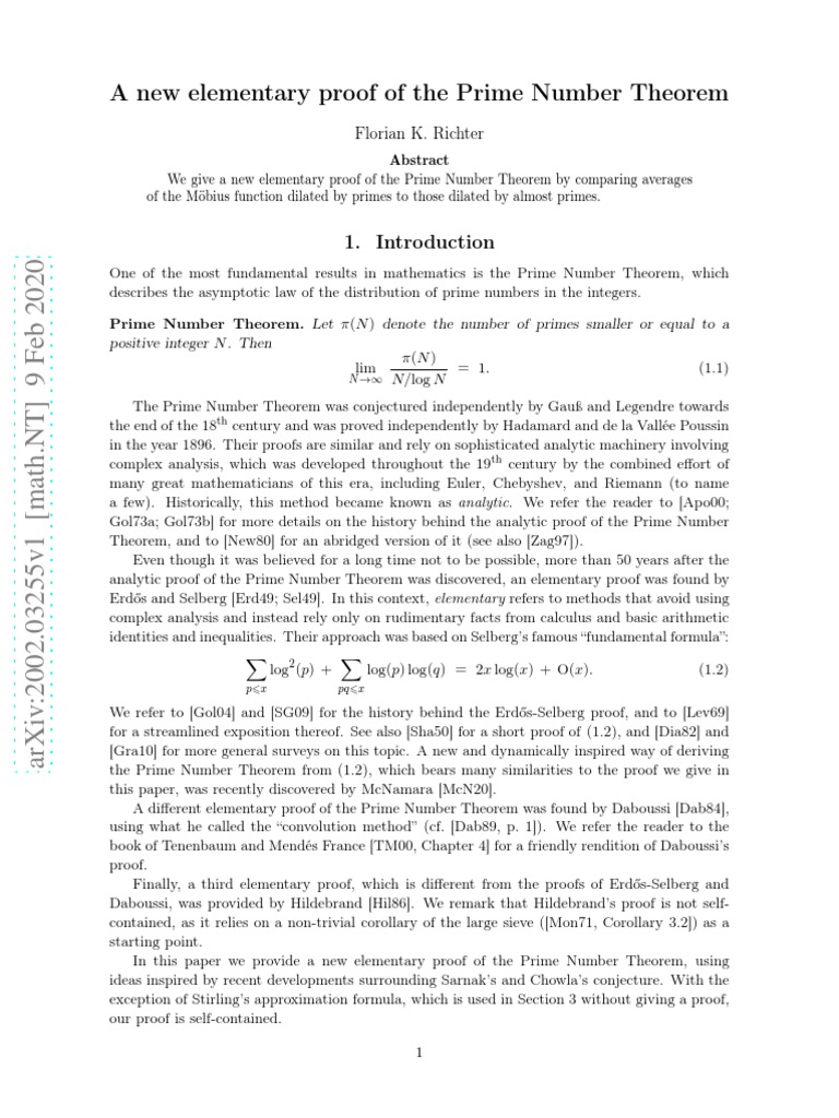 A New Elementary Proof of The Prime Number Theorem Florian K. Richter ...