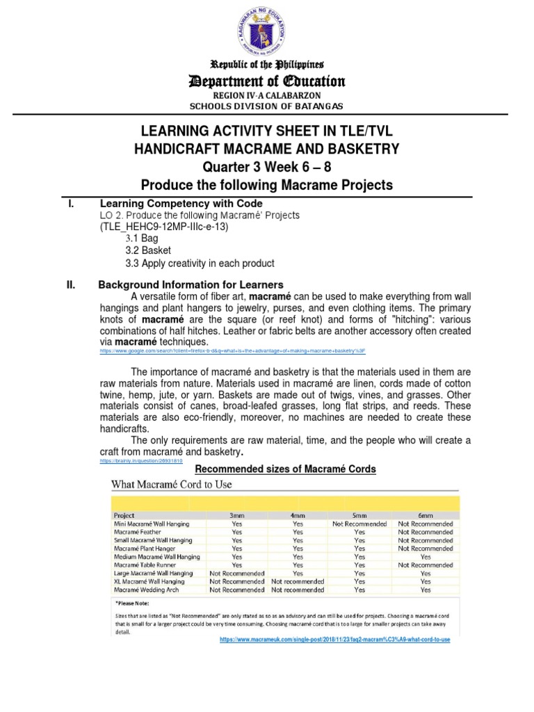 Macramé Basketry Learning Activity | PDF | Knot | Basket Weaving
