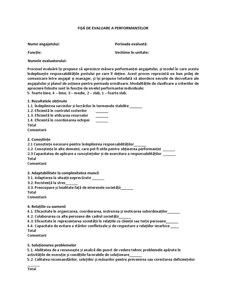 Fisa de Evaluare A Performantelor Model | PDF