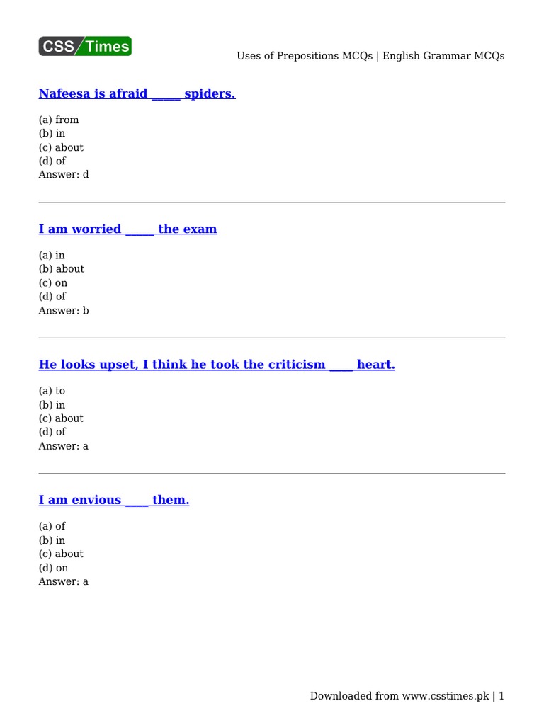 Uses of Prepositions MCQs - English Grammar MCQs | PDF | Multiple Choice