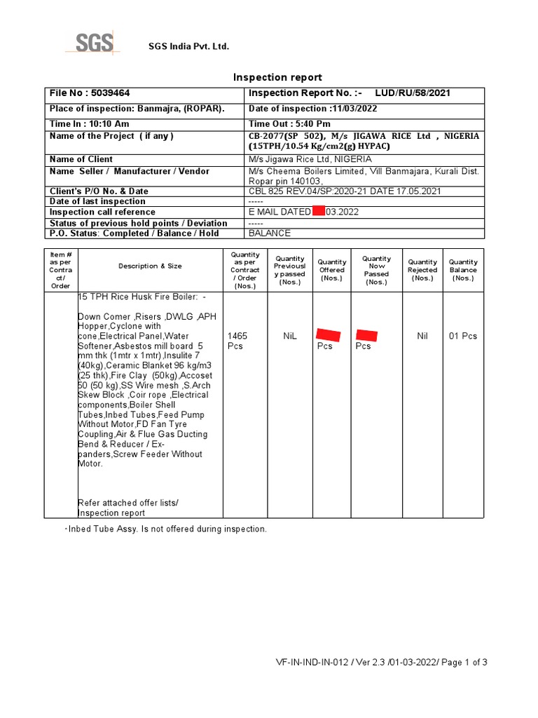 SGS Inspection Report Summary | PDF | Calibration