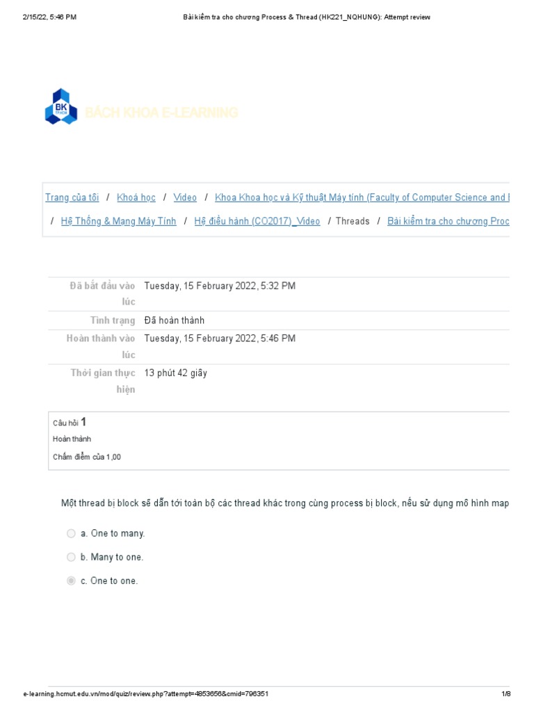 Bài Kiểm Tra Cho Chương Process & Thread (HK221 - NQHUNG) - Attempt Review | PDF
