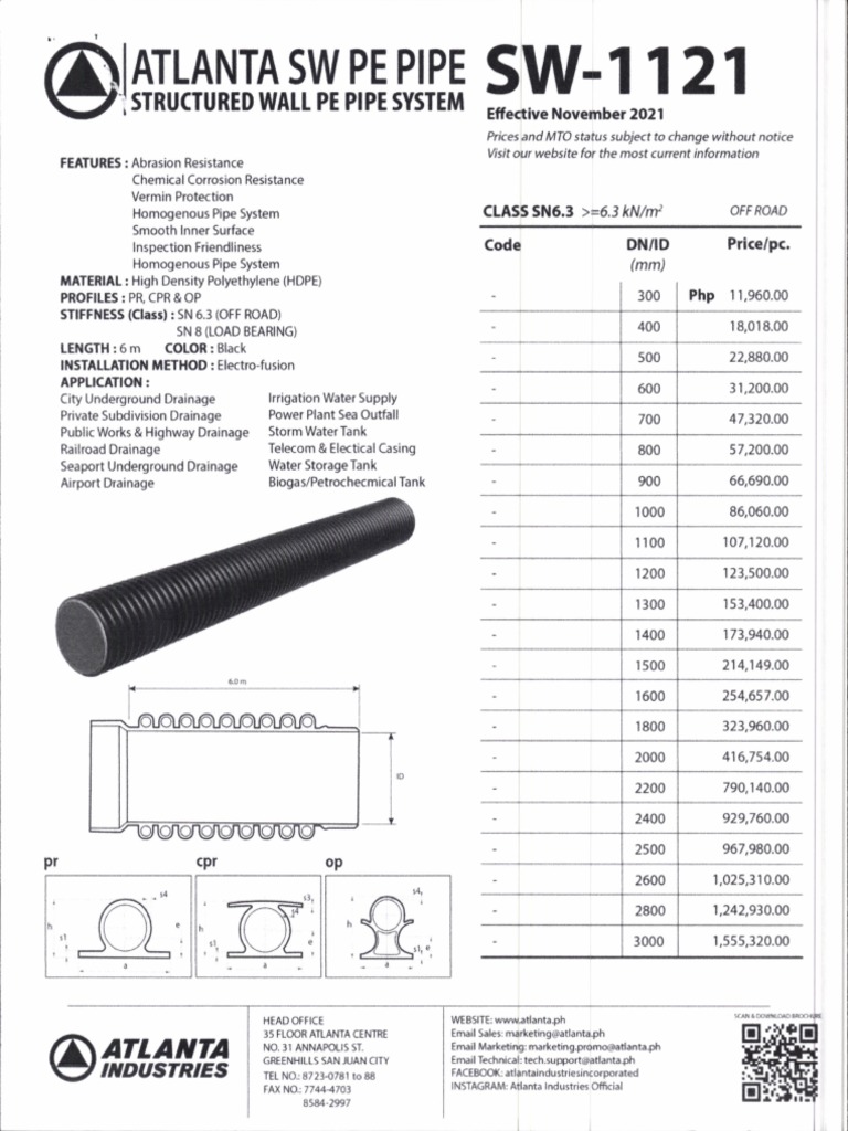 Atlanta SW Pe Pipe - Sw1121001 | PDF | Pipe (Fluid Conveyance) | Civil ...