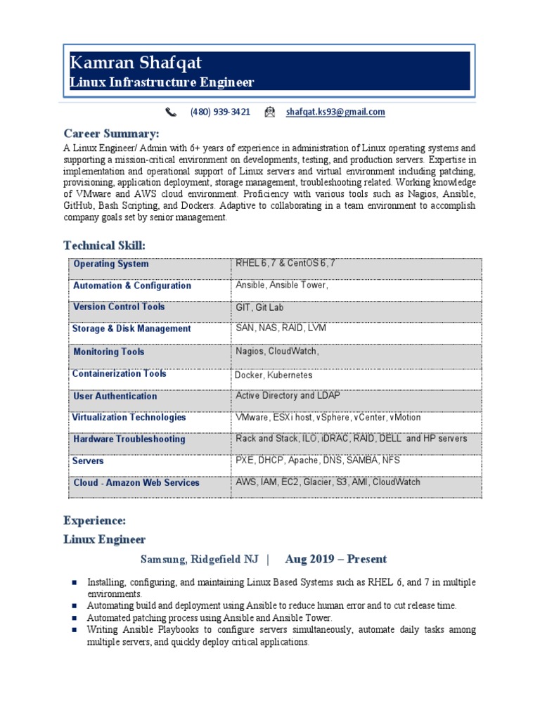 Kamran Shafqat: Linux Infrastructure Engineer | PDF | Server (Computing) | Computer Network