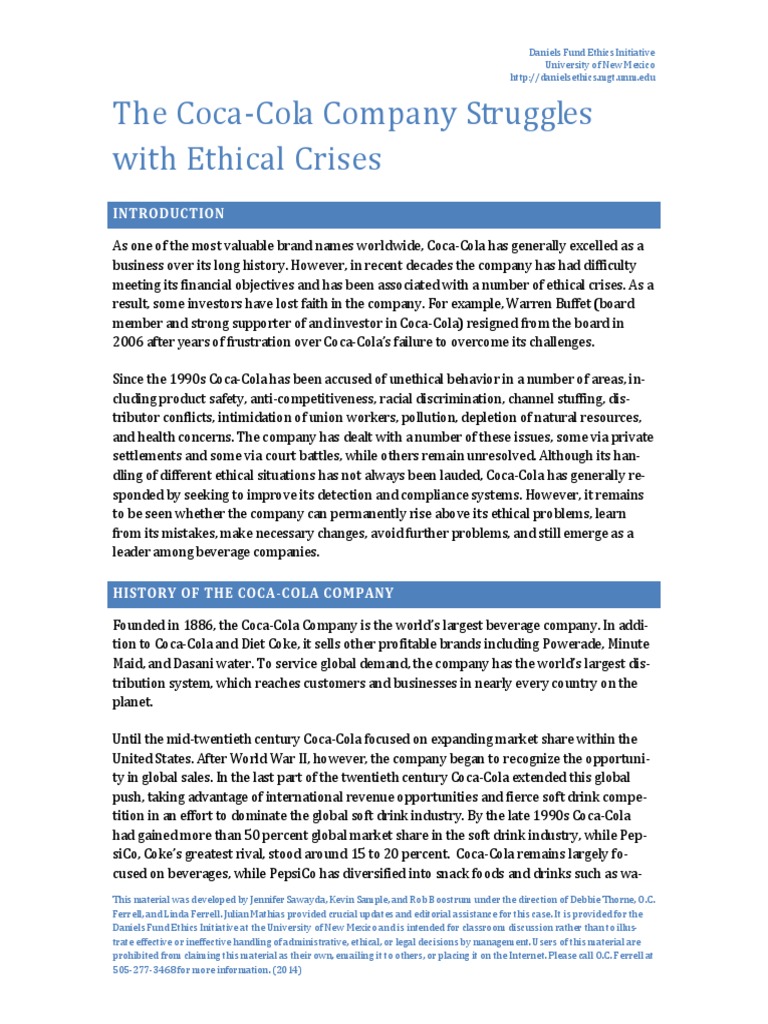 The Coca-Cola Company Struggles With Ethical Crises | PDF | The Coca ...