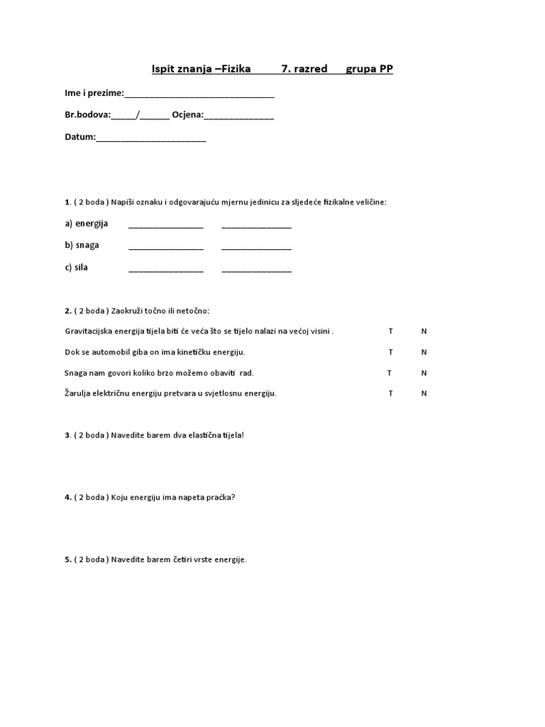 3.ispit Znanja - Energija 7. Razred Grupa A I PP | PDF