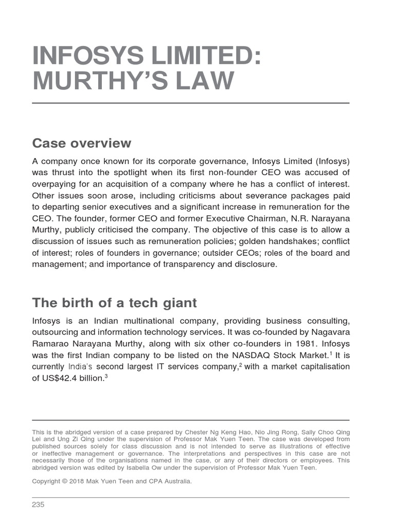 Infosys Limited: Murthy'S Law: Case Overview | PDF | Corporate ...