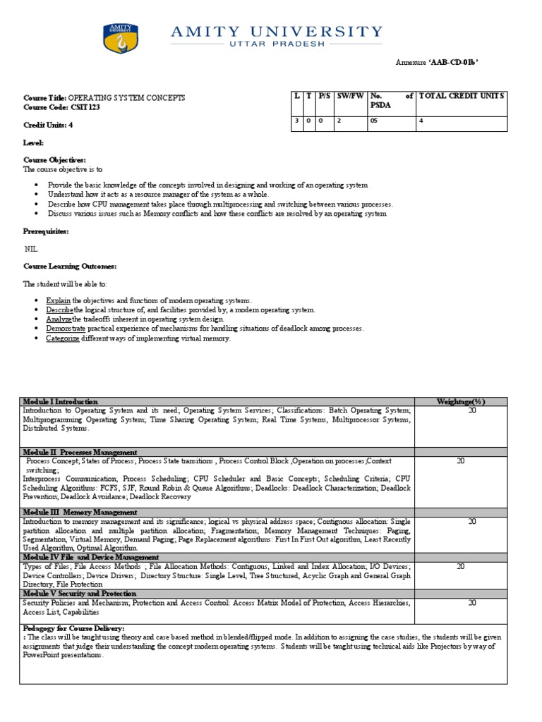 Course Title: Operating System Concepts Course Code: CSIT123 Credit ...