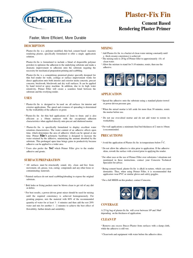 Technical Bulletin Plaste-Fix Fin | PDF | Plaster | Concrete