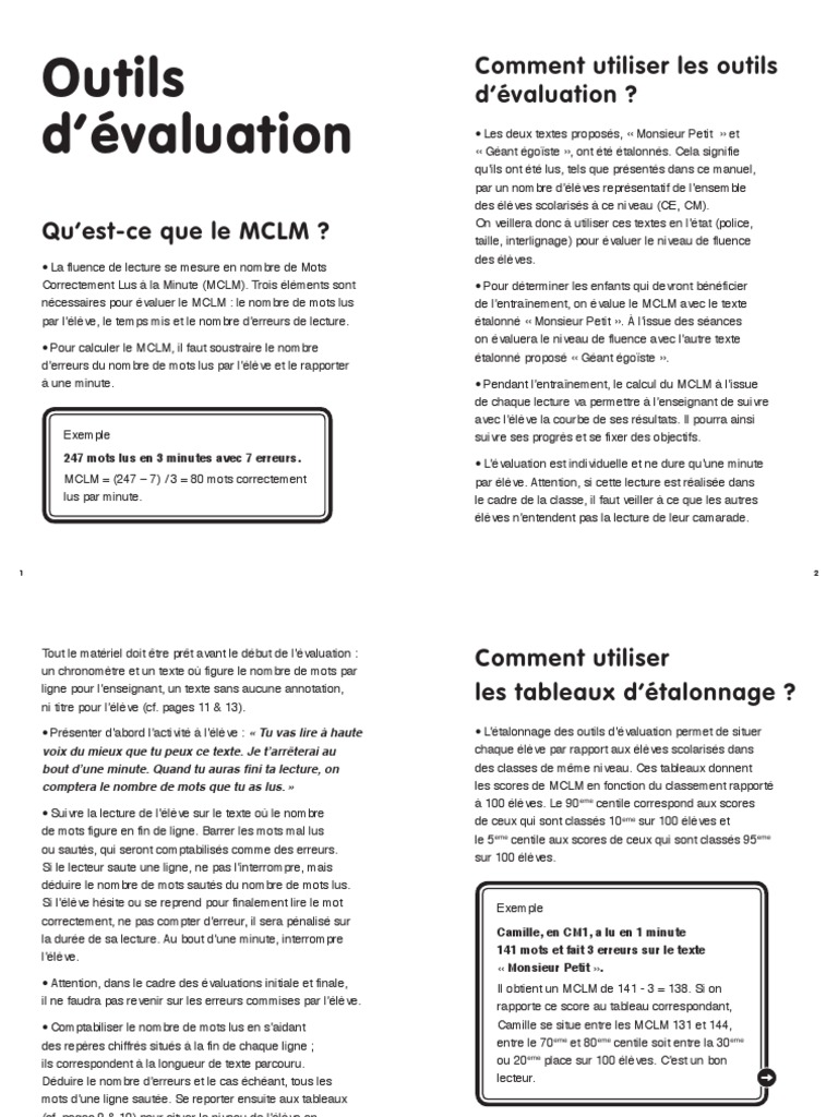 Évaluation de la fluence MCLM CE1-CM2 | PDF | Méthodes d'apprentissage ...