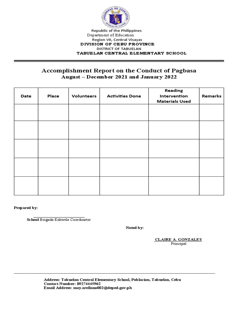 Accomplishment Report Brigada Pagbasa Tabuelan District | PDF | Asia ...