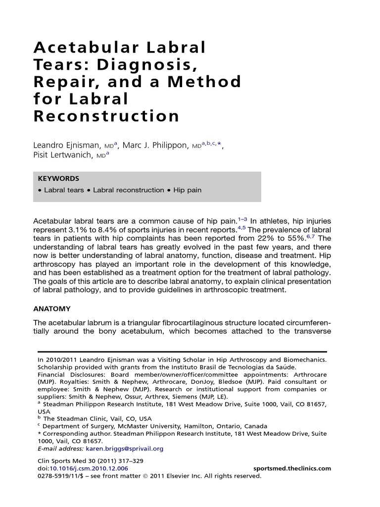 Acetabular Labral Tears Diagnosis Repair | PDF | Musculoskeletal System ...