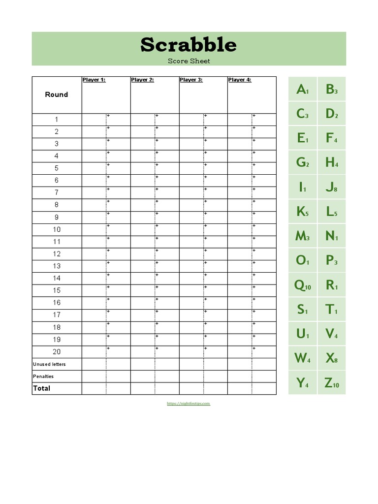 Scrabble Score Sheet | PDF | Tabletop Games | Board Games