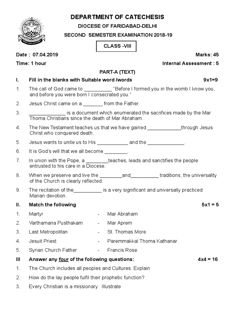 Second Semester Examination for Class VIII Catechism Students in the ...