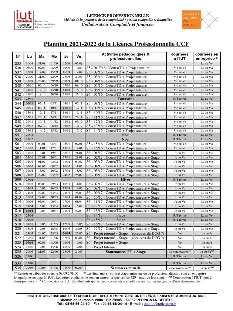 2021-2022 - LP CCF - Planning Annuel | PDF