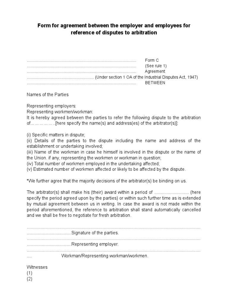 Form For Agreement Between The Employer and Employees For Reference of ...