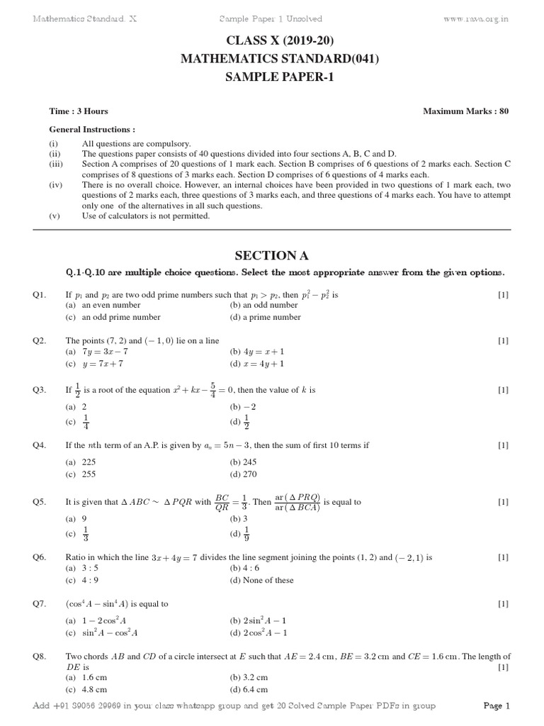 CLASS X (2019-20) Mathematics Standard (041) Sample Paper-1: Section A ...