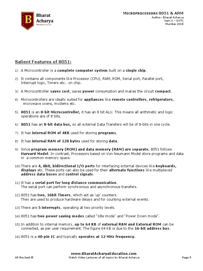 Salient Features of 8051:: M 8051 & ARM | PDF | Microcontroller | Central Processing Unit