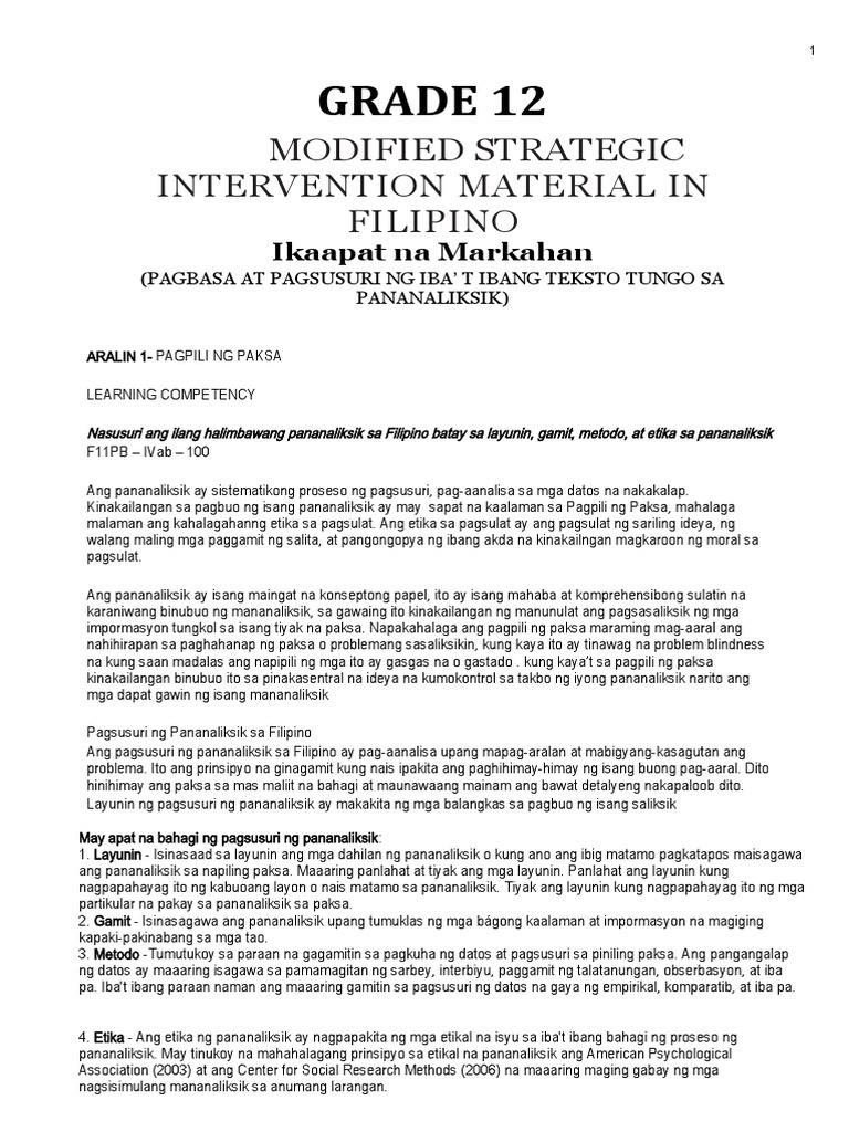 Fil12 - Pagbasa-at-Pagsusuri - Week 1 | PDF