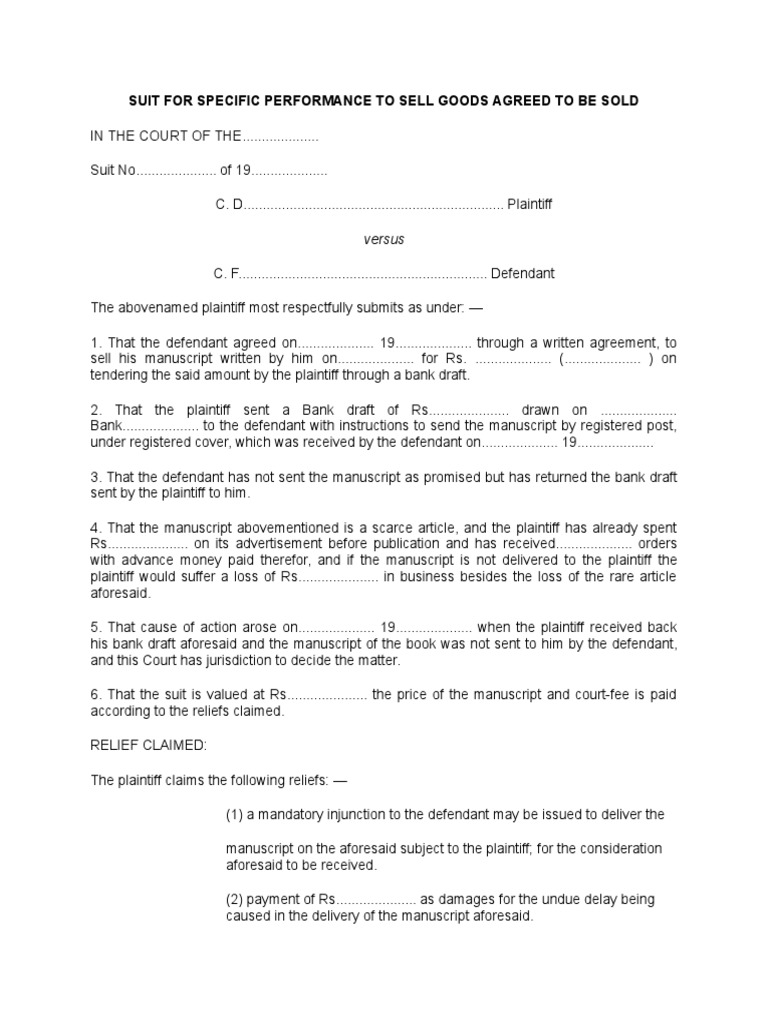Suit For Specific Performance To Sell Goods Agreed To Be Sold | PDF ...