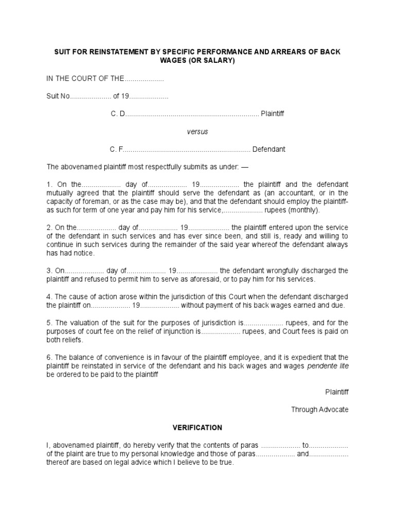 Suit For Reinstatement by Specific Performance and Arrears of Back ...
