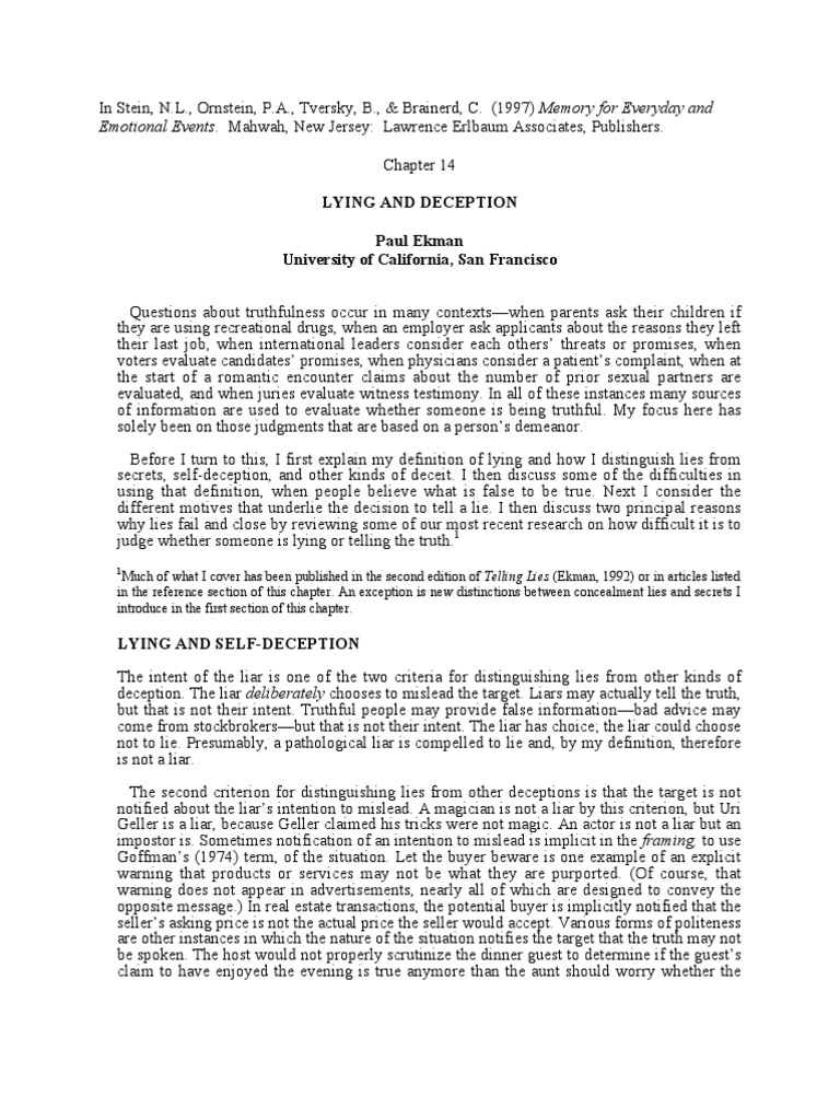 Ekman, Paul - Lying and Deception (1997) | PDF | Lie | Deception