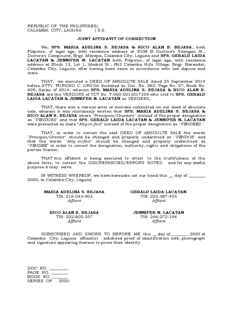 Joint Affidavit of Correction | PDF | Affidavit | Public Law