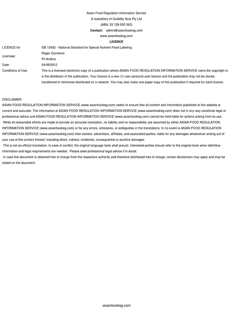 GB 13432 | Download Free PDF | Nutrients | Foods