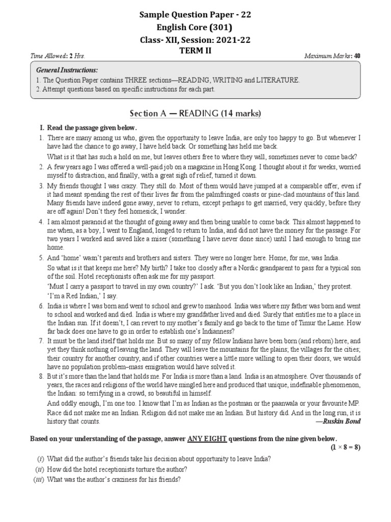 Section A - READING (14 Marks) : Sample Question Paper - 22 English ...