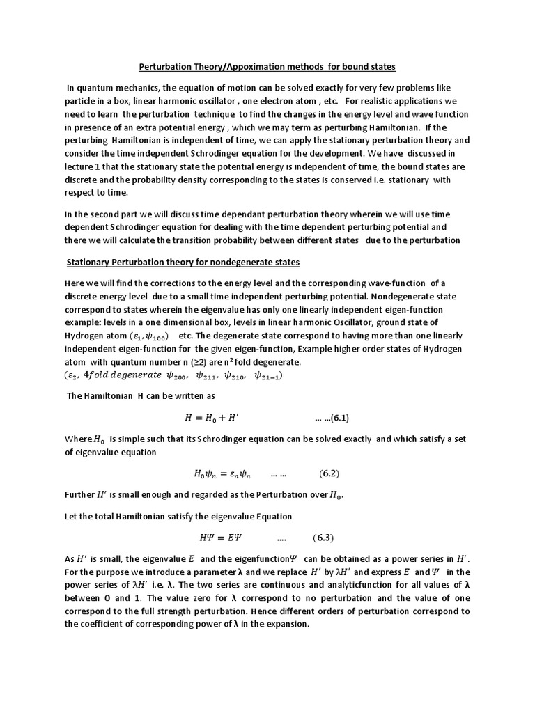 Quantum Lecture-6-2021 Stationary Nondegenerate Perturbation | PDF | Perturbation Theory ...