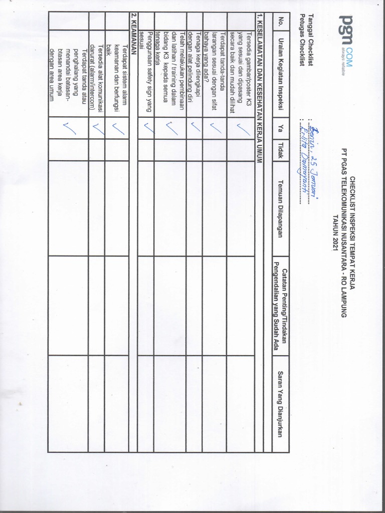 Checklist Tempat Kerja RO Cilegon | PDF
