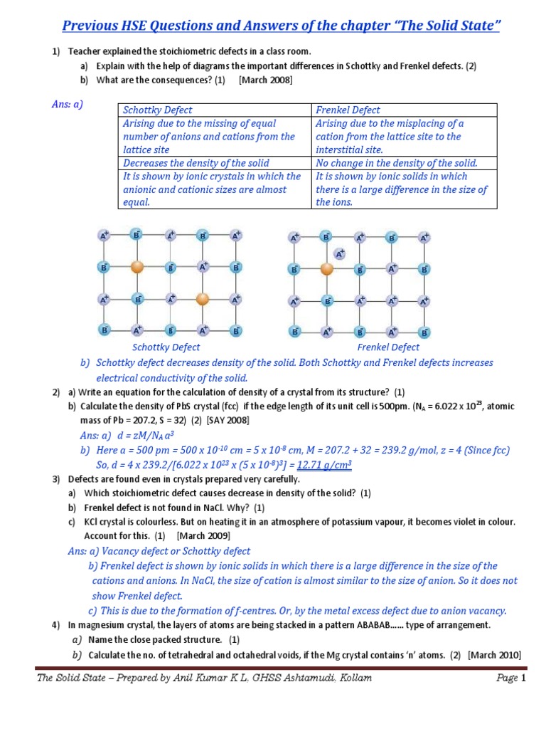 The Solid State Previous Qns. and Answers | PDF | Crystal Structure | Ion