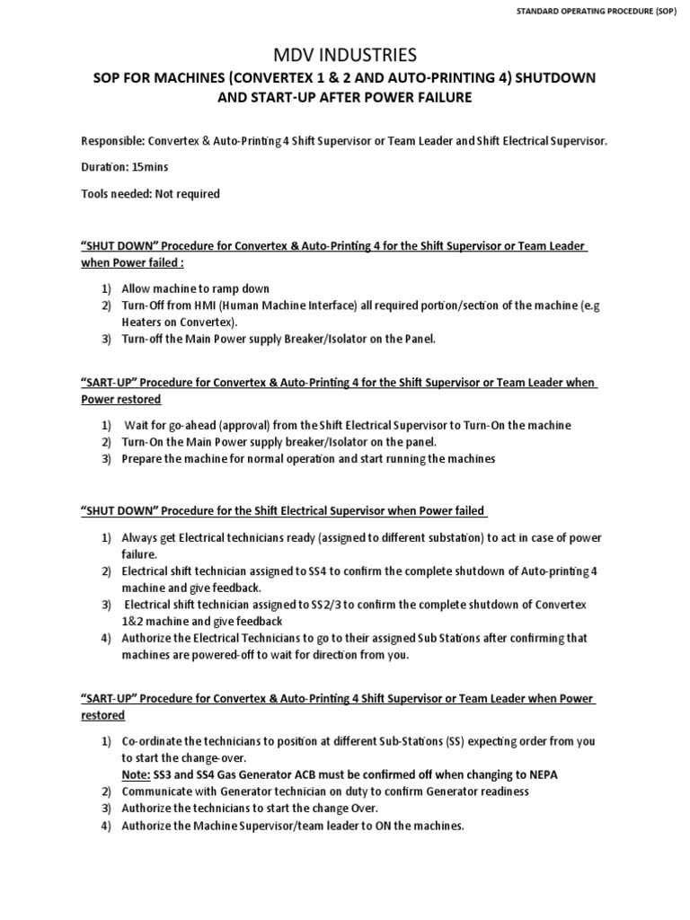 Sop For Machine Shutdown and Start Up When Power Supply Failed | PDF ...