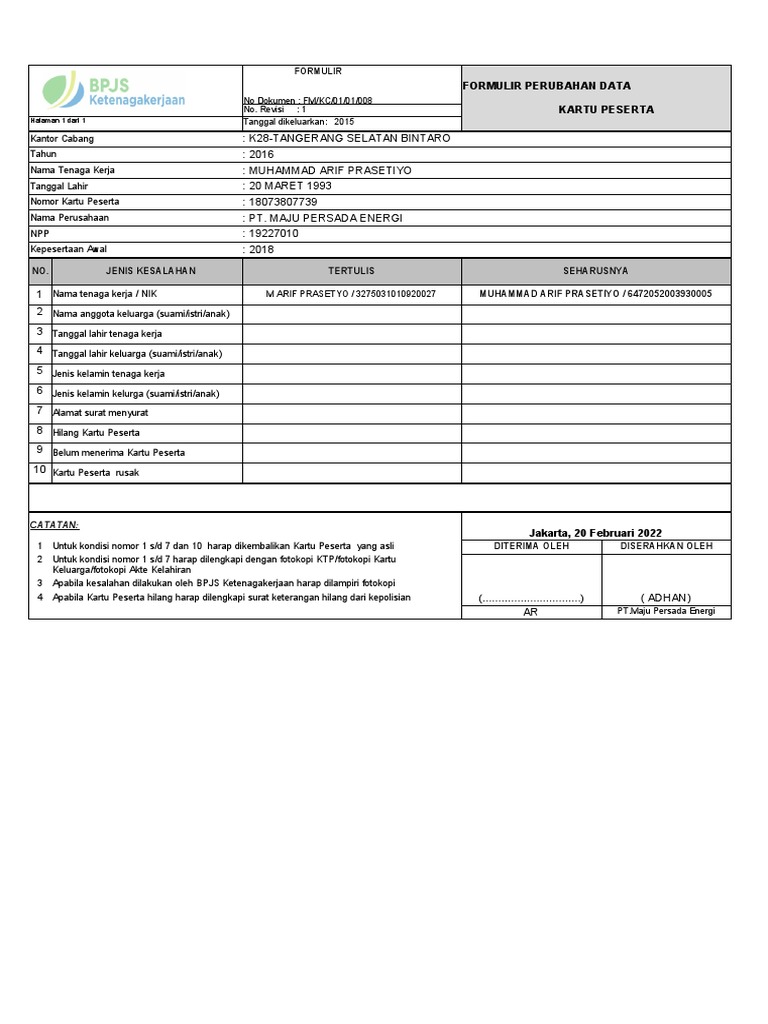Formulir Perubahan Data | PDF