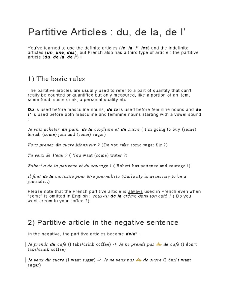 Partitive Articles: Du, de La, de L': 1) The Basic Rules | PDF
