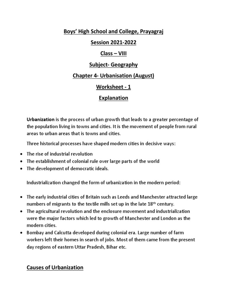 Class 8 - Urbanisation Explanation - Worksheet - 1 | PDF | Slum ...