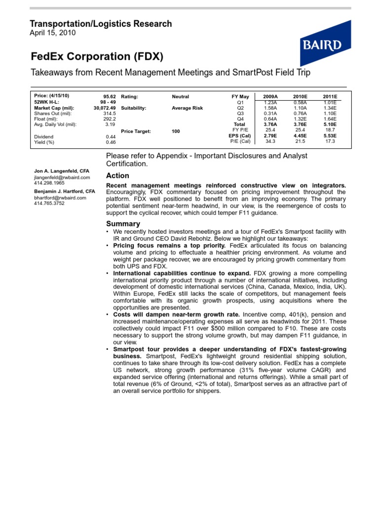 Fedex Corporation (FDX) : Takeaways From Recent Management Meetings and ...