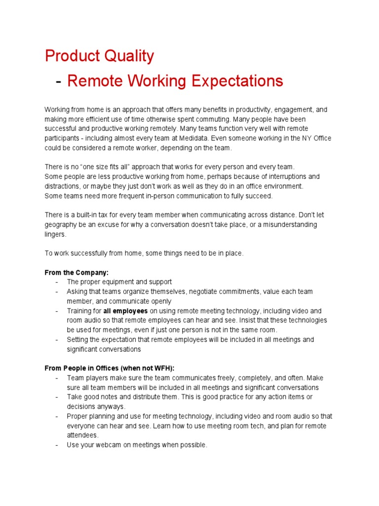 Product Quality - Remote Working Expectations Training | PDF