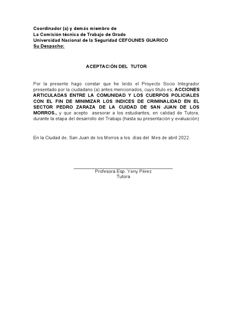 Carta de Aceptacion y Aprobacion Del Tutor | PDF