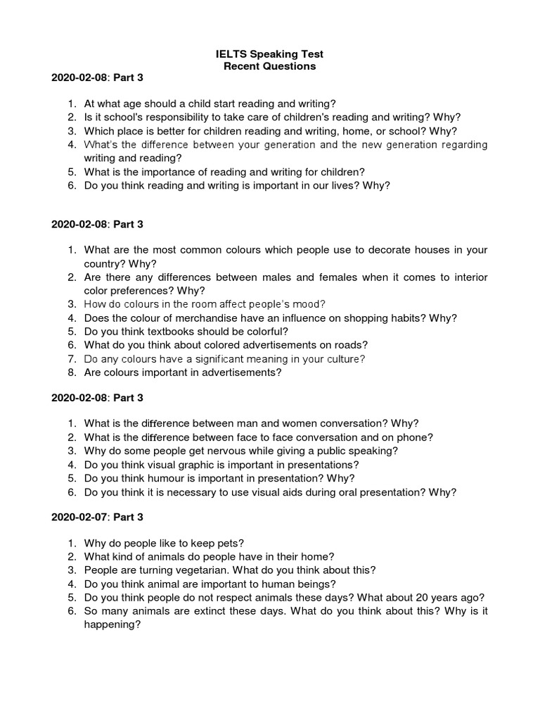 IELTS Speaking Test Recent Questions 2020-02-08: Part 3 | PDF | Social ...