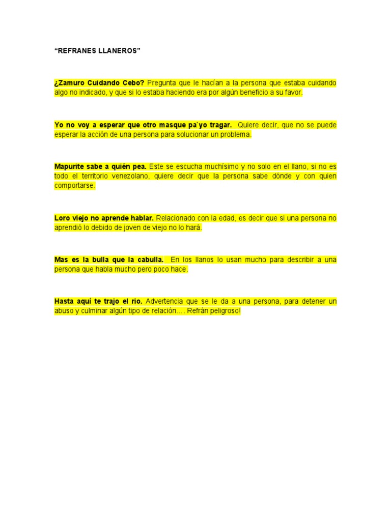 Refranes Llaneros | PDF