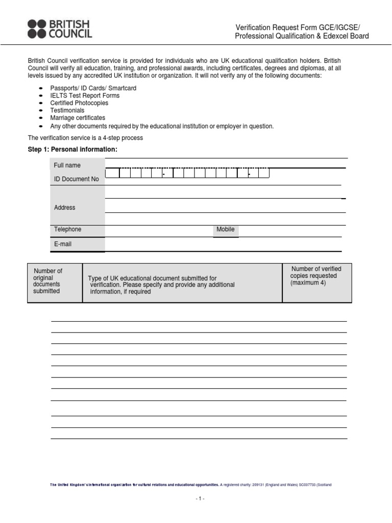 Verification Request Form GCE/IGCSE/ Professional Qualification ...